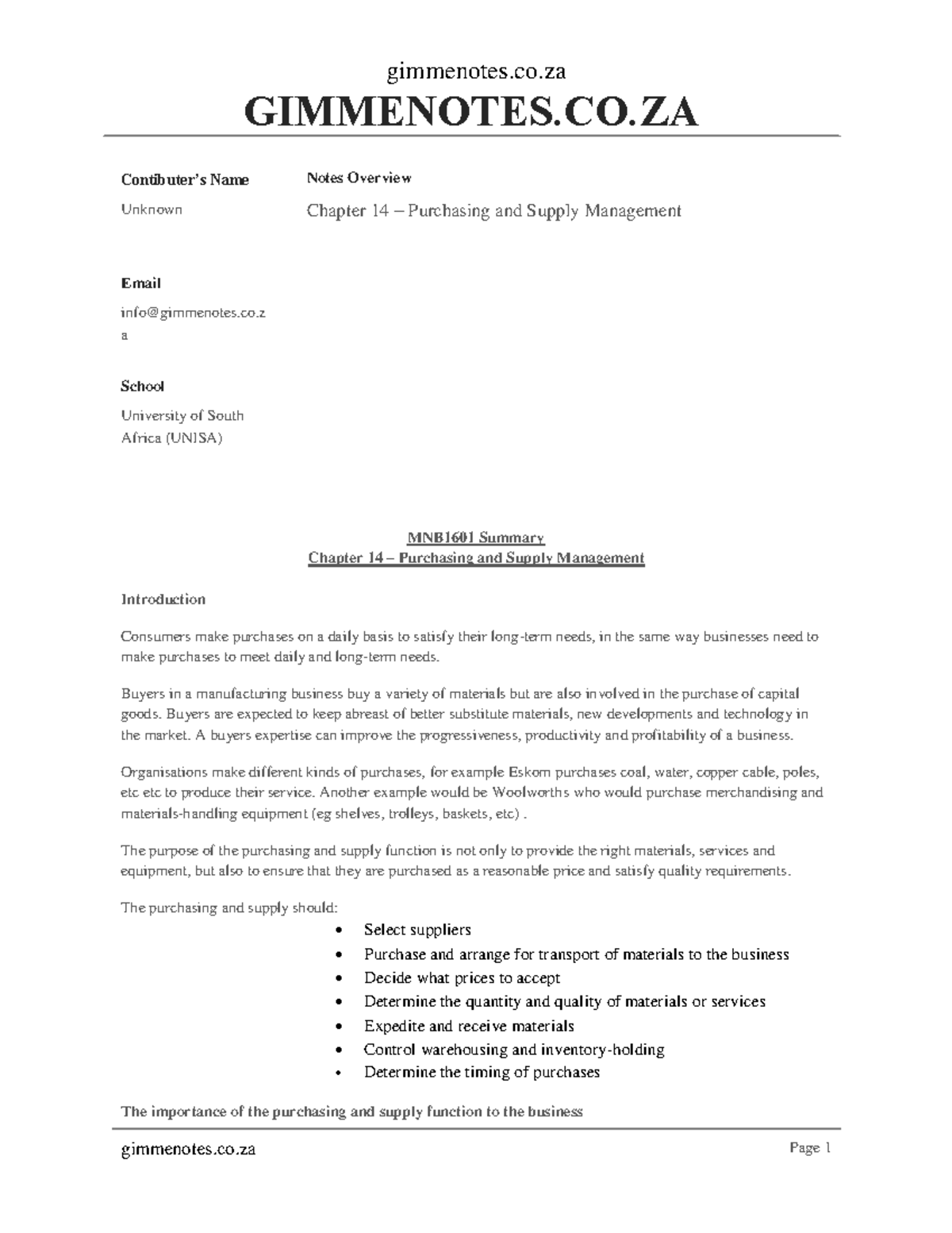 MNB1601 MNB 1601 Summary Chapter 14 - GIMMENOTES.CO Notes Overview ...