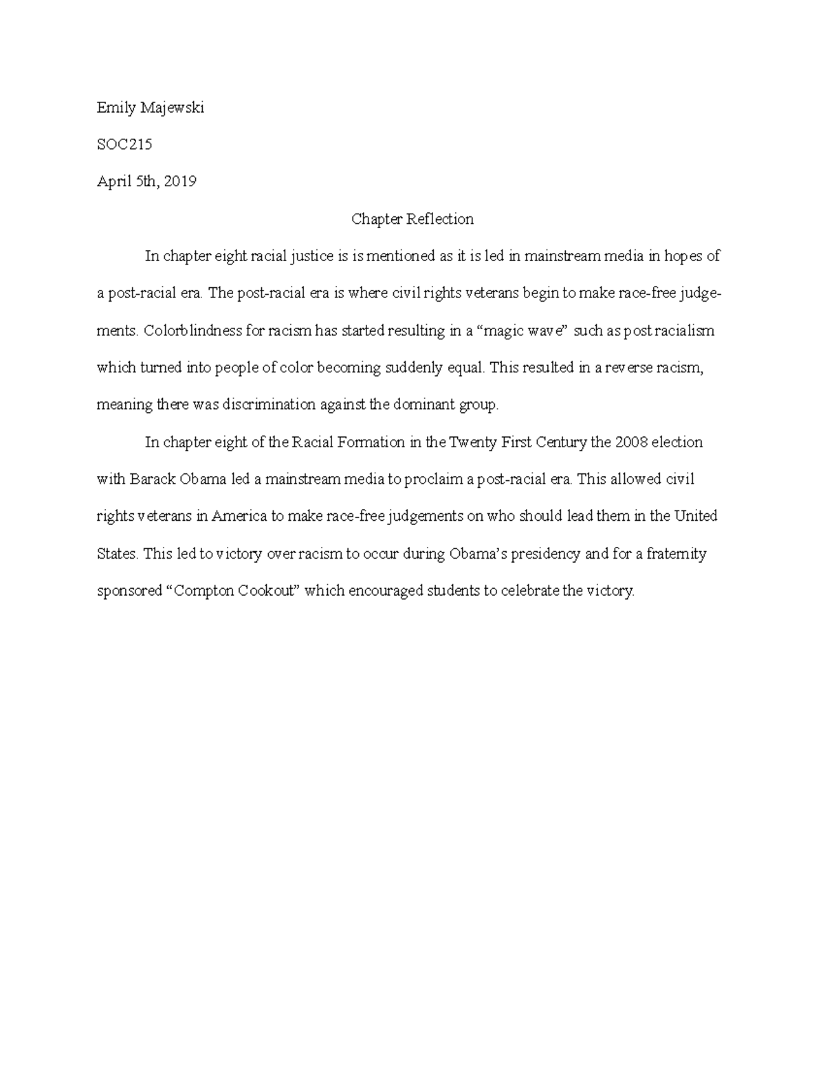 2019 Sociology of Diversity SOC215 - Emily Majewski SOC April 5th, 2019 ...