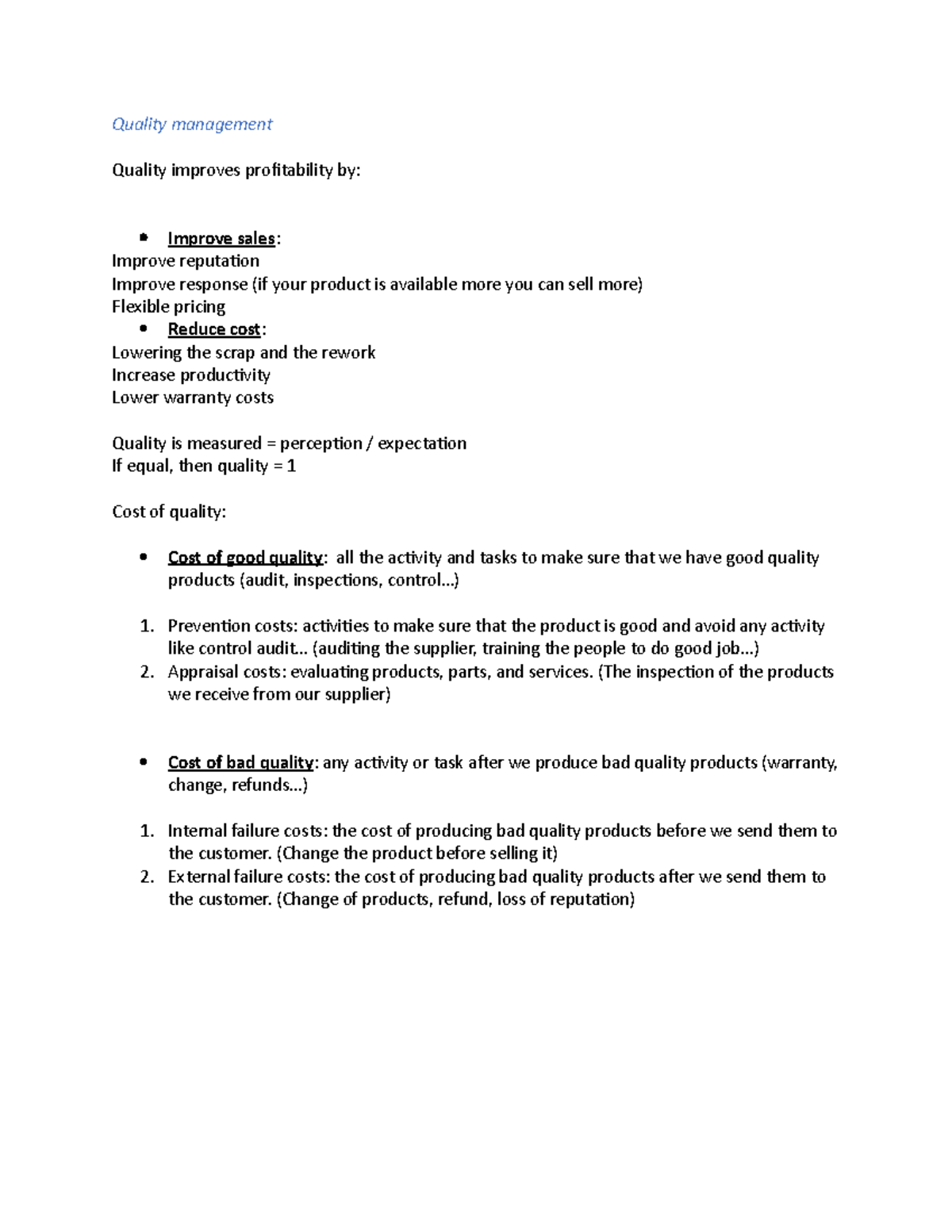 Quality management - notes from Operations Mgt class - Quality ...