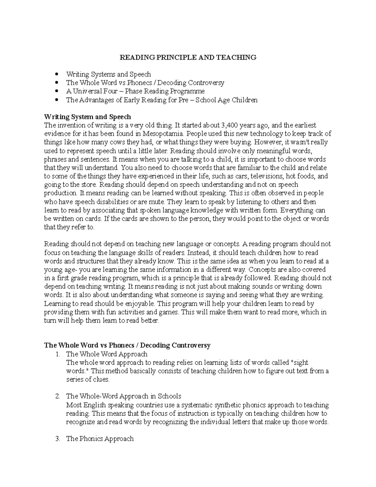 Reading Principal and Teaching - READING PRINCIPLE AND TEACHING Writing Systems and Speech The ...