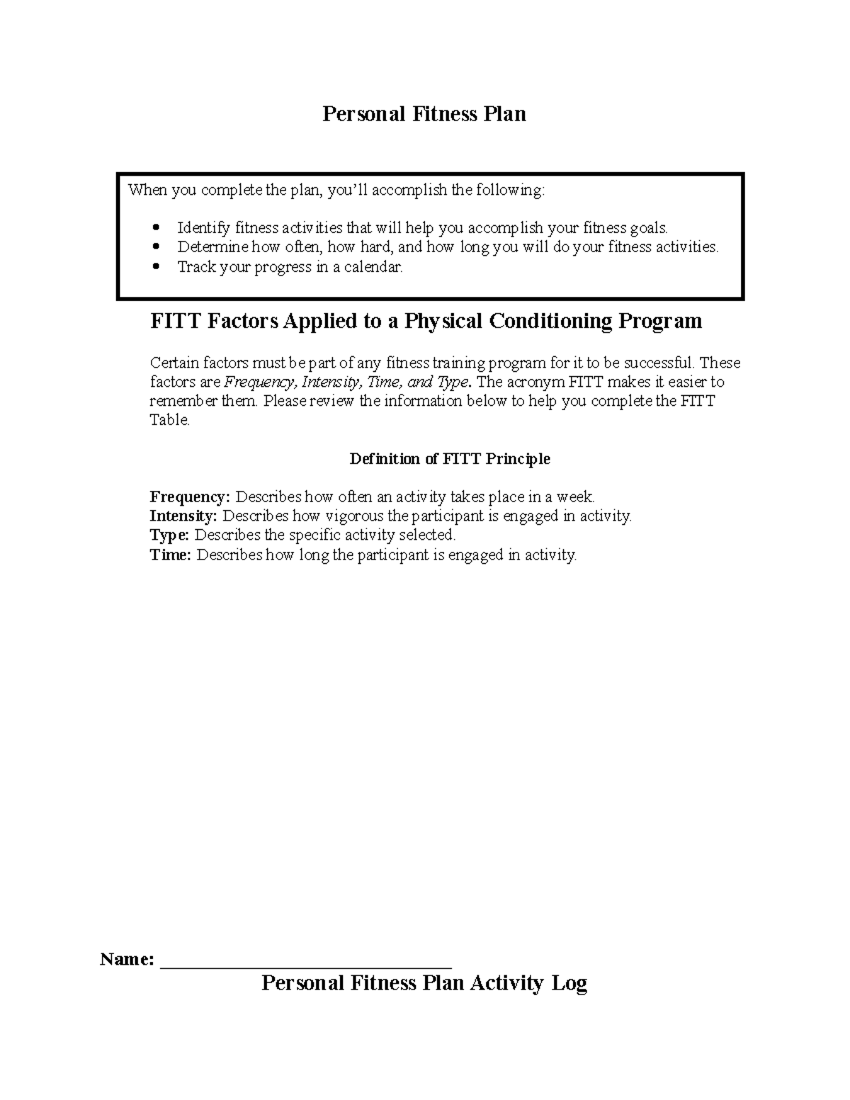 Personal+Fitness+Plan - Personal Fitness Plan FITT Factors Applied to a ...