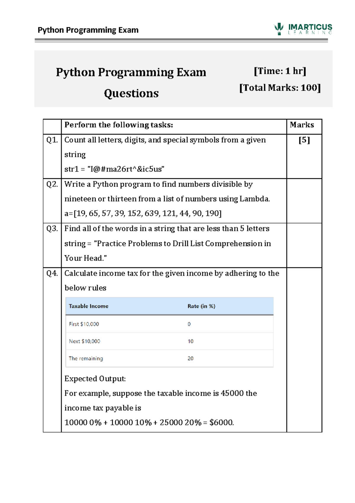 Python Exam Question Paper - Python Programming Exam Python Programming Exam Questions [Time: 1 ...