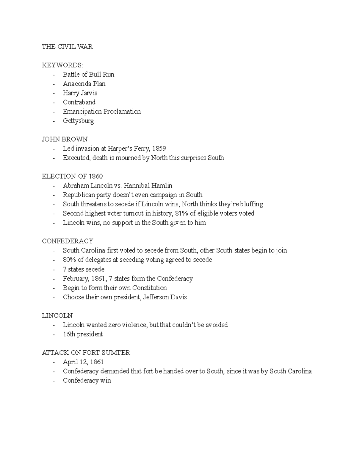 Lecture 21 - THE CIVIL WAR KEYWORDS: Battle of Bull Run Anaconda Plan ...