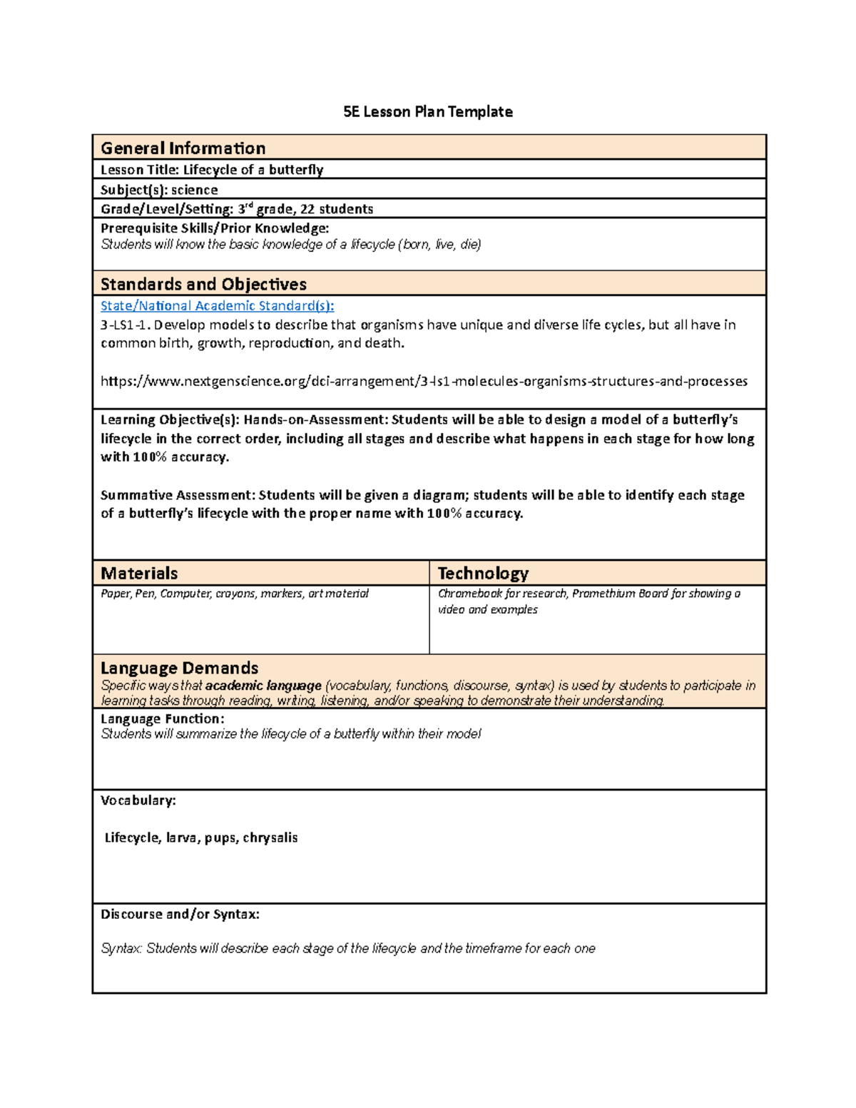 C382 Lifecycle of a butterfly - 5E Lesson Plan Template General ...