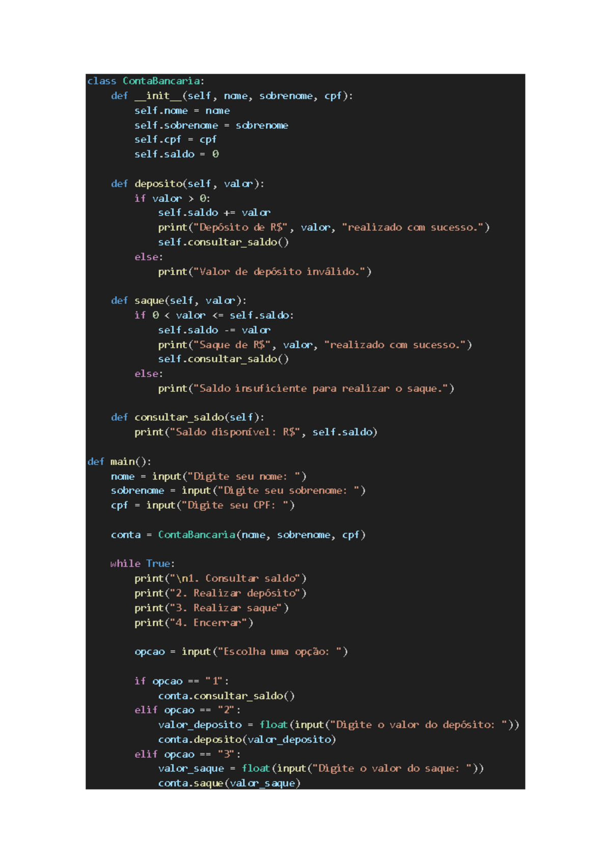 Codigo em py de conta bancaria - class ContaBancaria: def init(self, nome, sobrenome, cpf): self ...