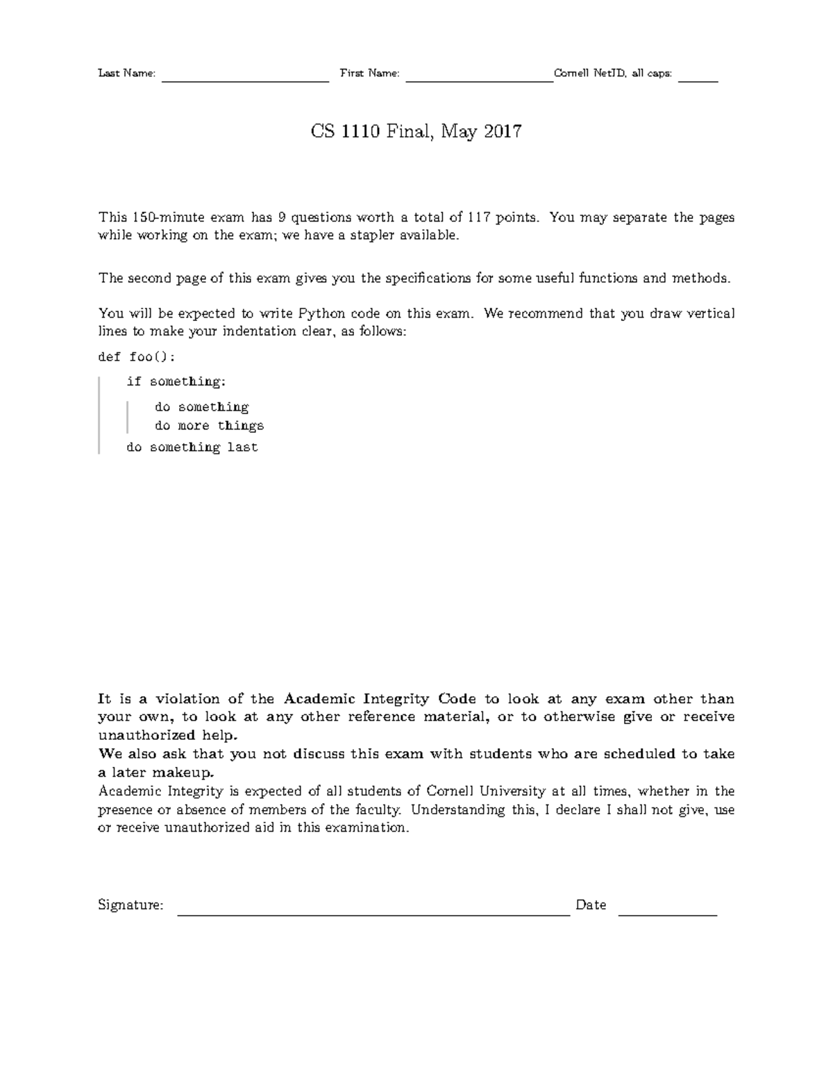 2017-spring-final - Past Finals from CS 1110 taught by Professor Anne ...