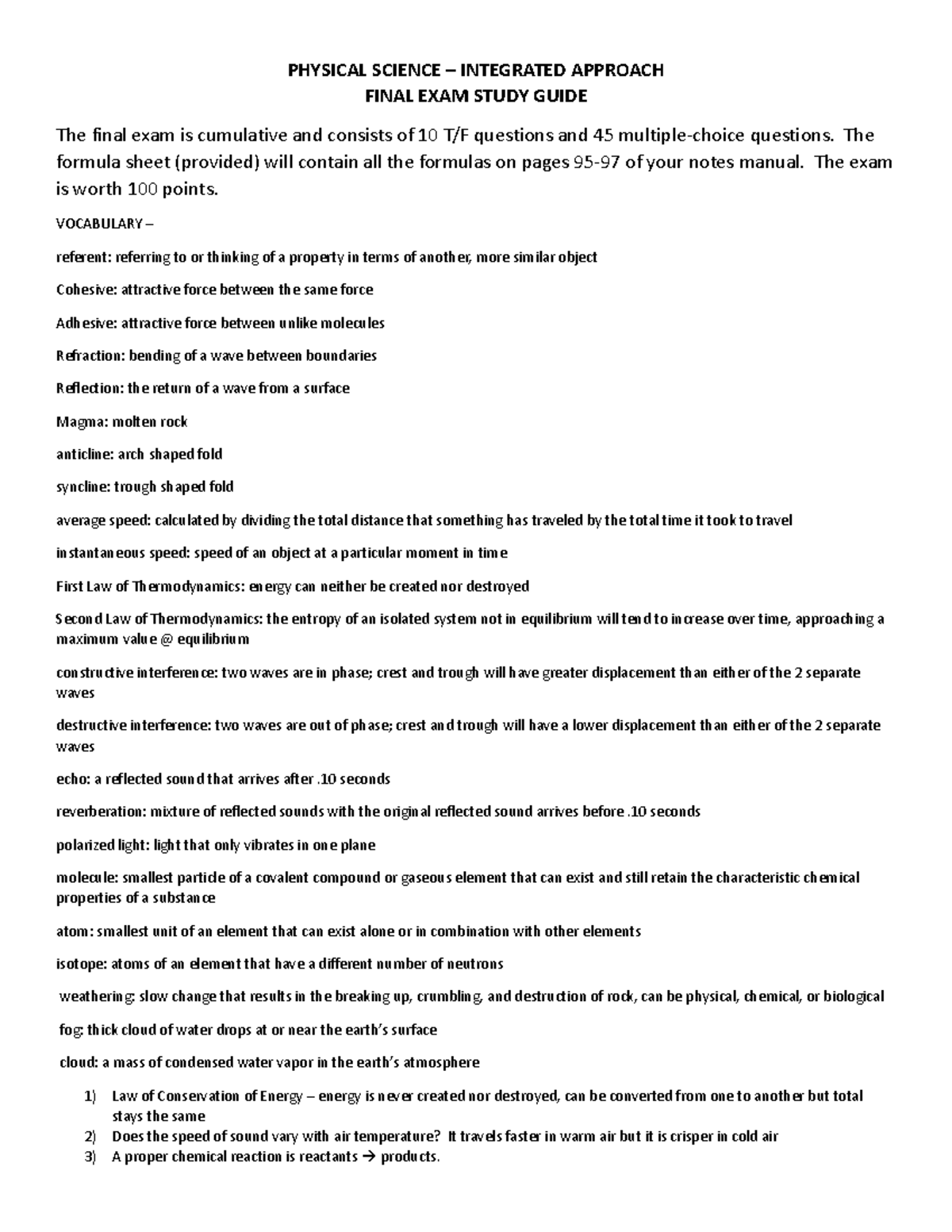 Exam Final Study Guide - PHYSICAL SCIENCE – INTEGRATED APPROACH FINAL ...