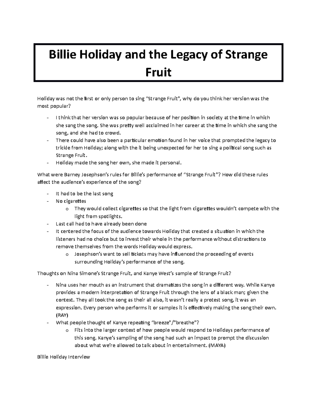 Billie Holiday Notes - Billie Holiday and the Legacy of Strange Fruit ...