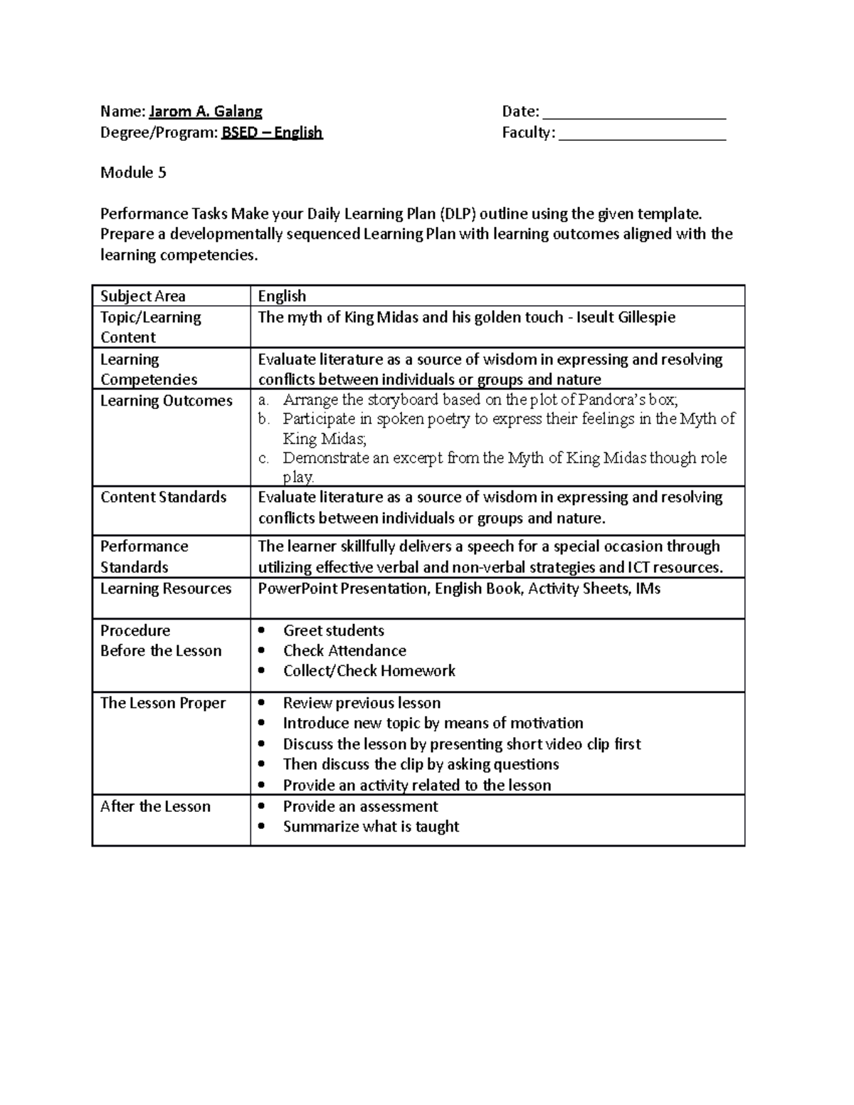 Daily Learning Plan and Learning Plan for Grade 10 English - Name ...