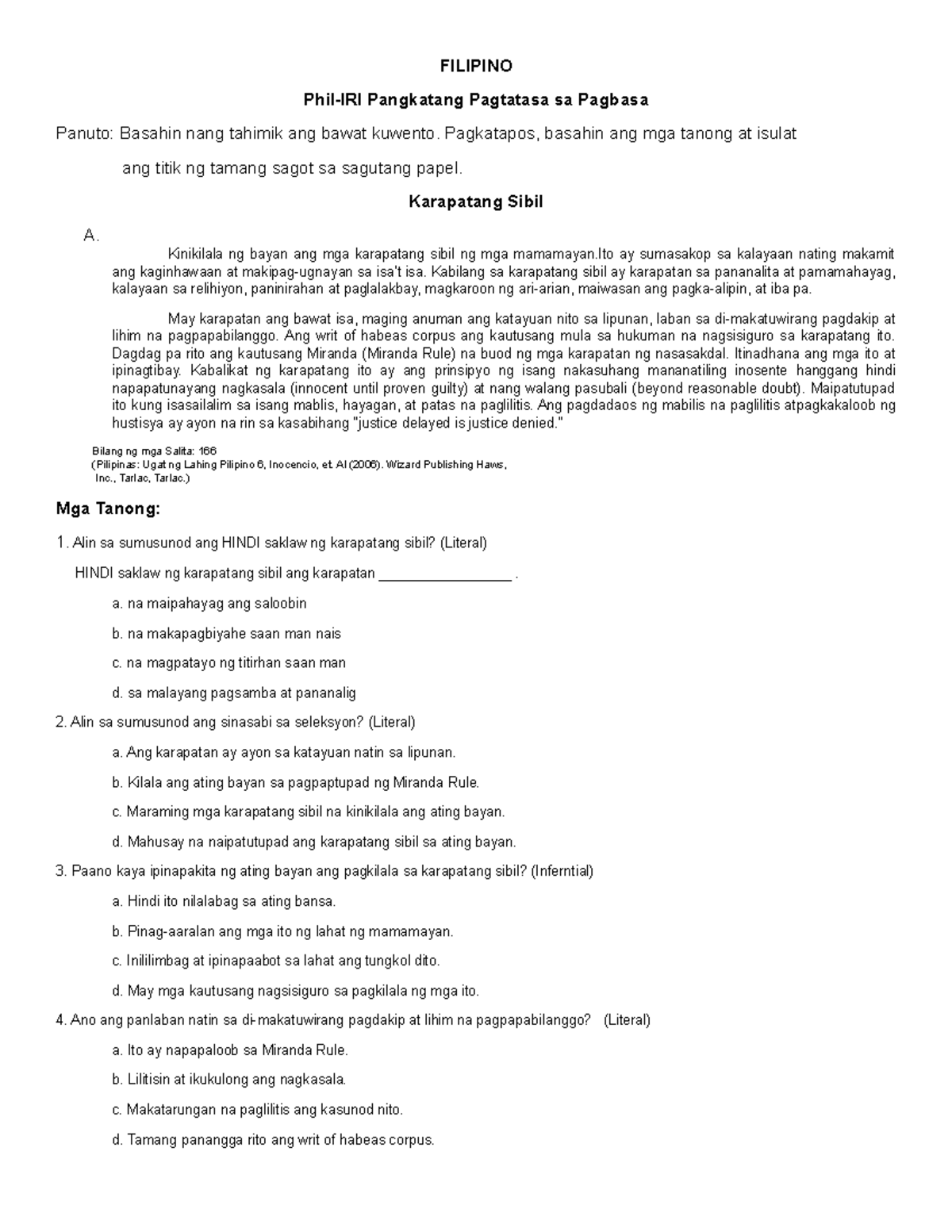 Phil-IRI- Filipino - none - FILIPINO Phil-IRI Pangkatang Pagtatasa sa ...