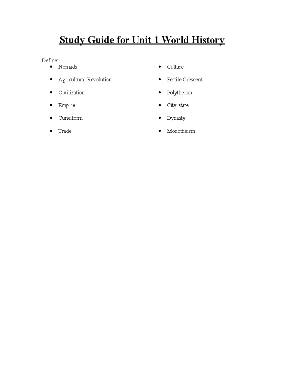 Revised Study Guide for Unit 1 World History - Study Guide for Unit 1 ...
