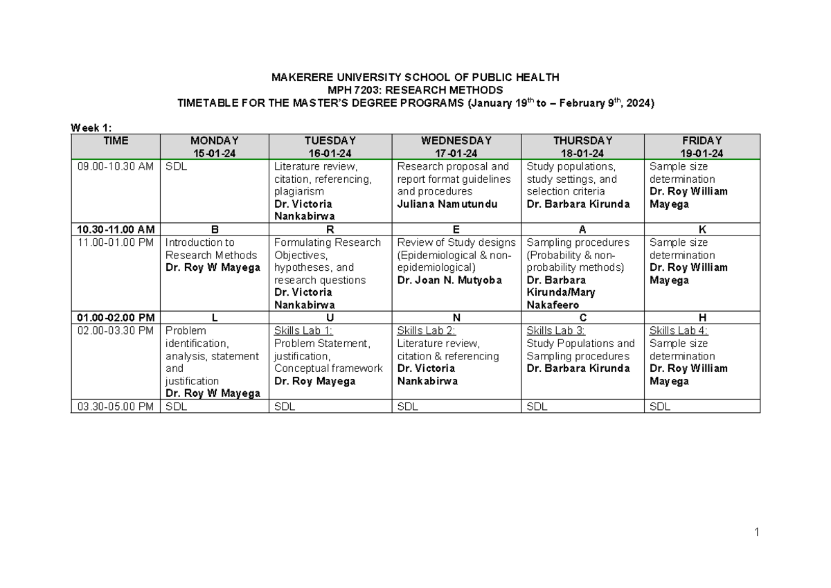 MPH-MDM-MPHN Research Methods Timetable 2024 - MAKERERE UNIVERSITY ...