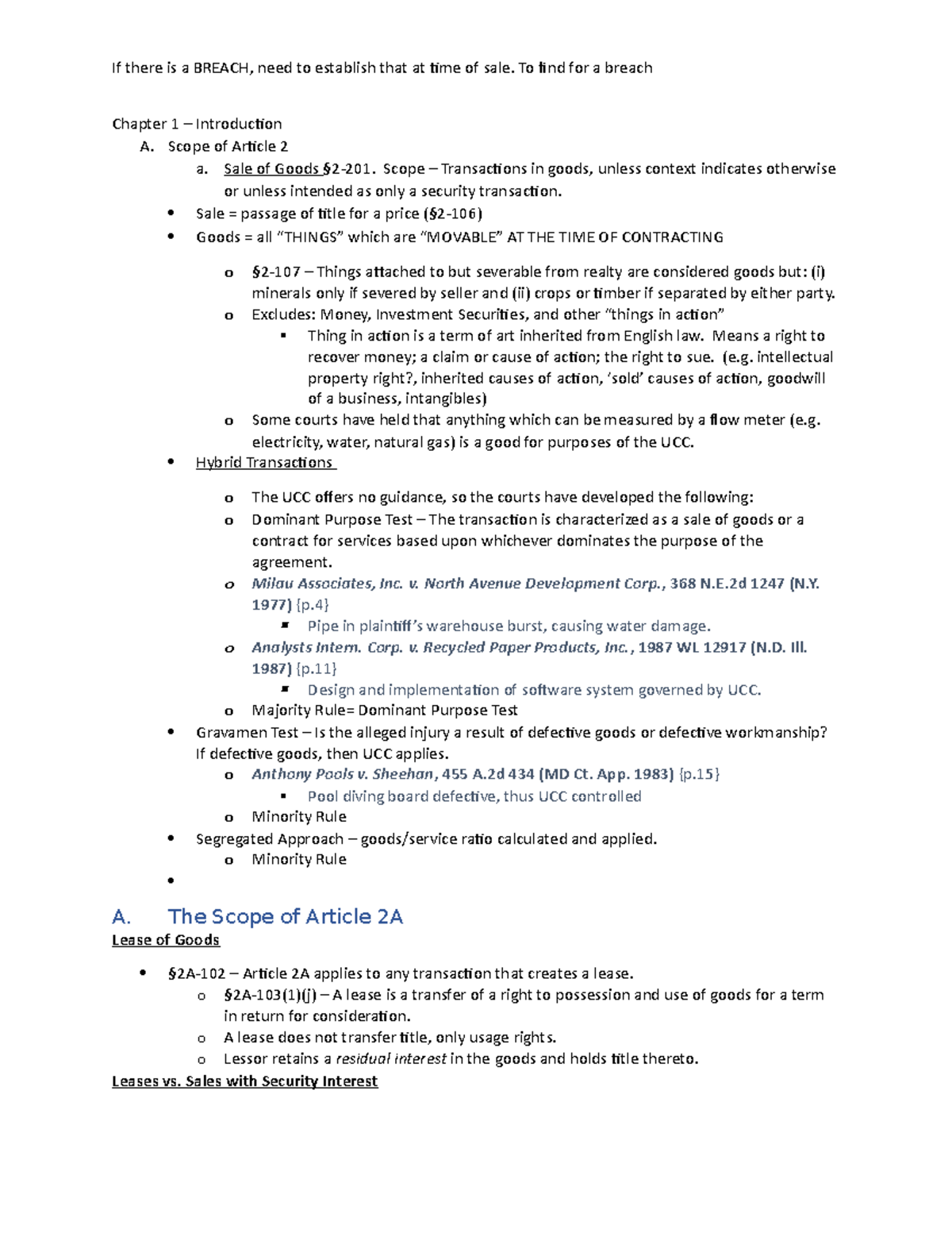 Midterm Outline - Chapter 1 – Introduction A. Scope of Article 2 a. Sale of Goods §2-201. Scope ...