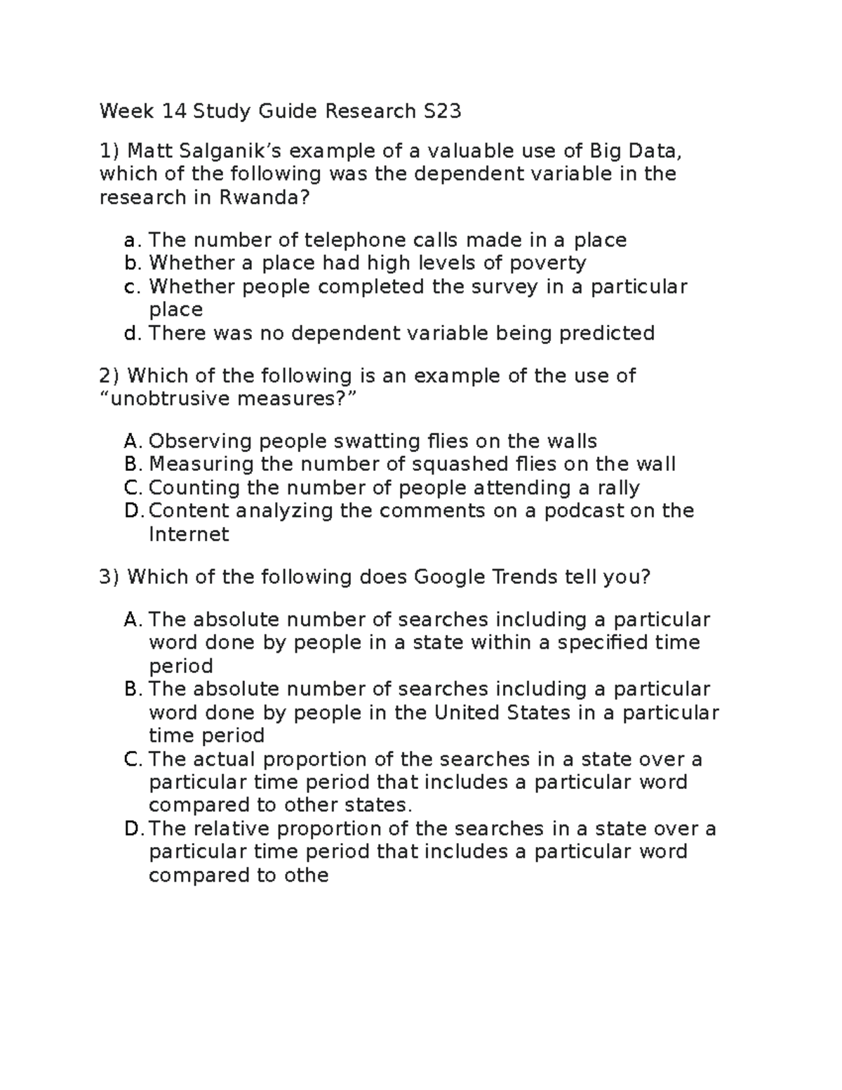 Week 14 Study Guide - Week 14 Study Guide Research S Matt Salganik’s ...