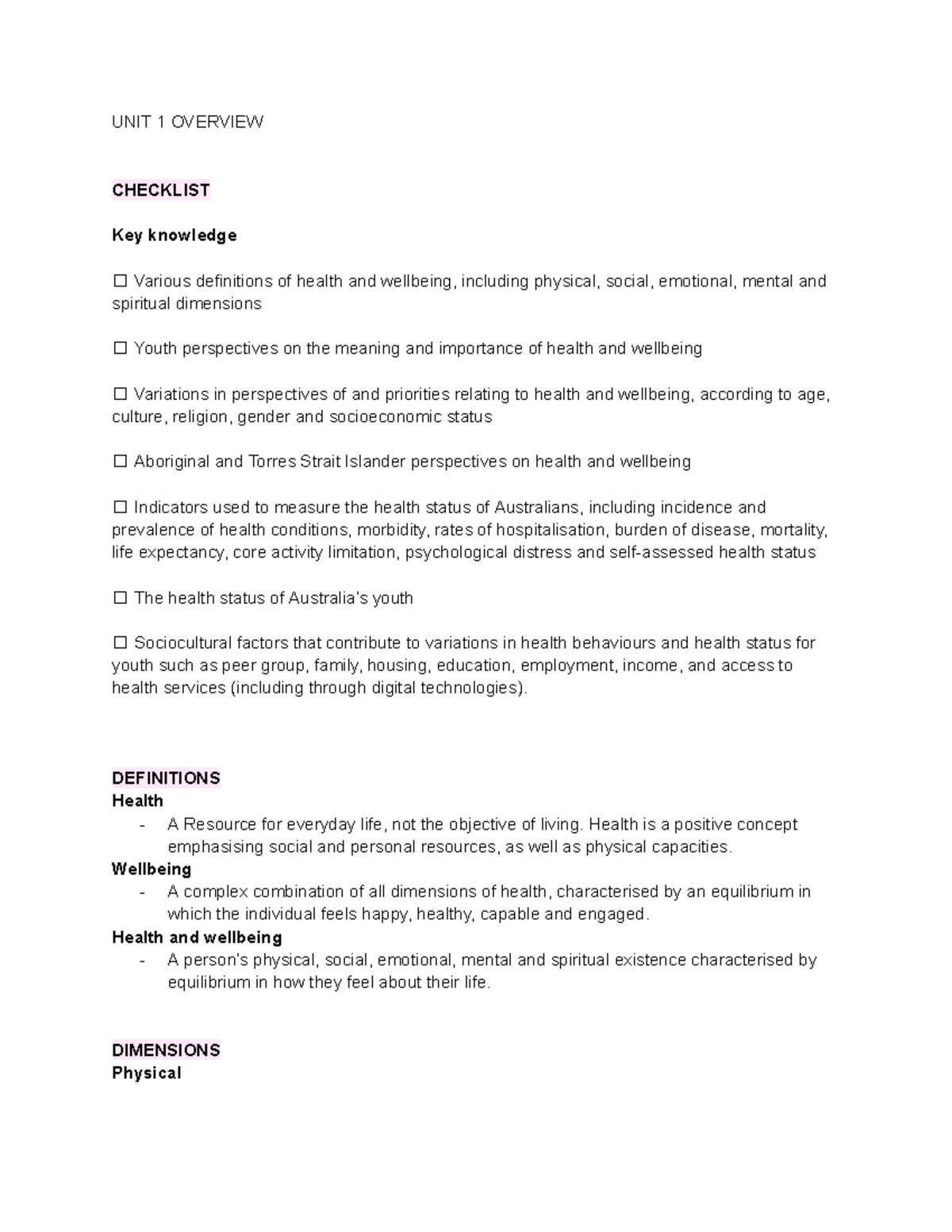 UNIT 1 AOS1 NOTES - UNIT 1 OVERVIEW CHECKLIST Key knowledge ☐ Various ...