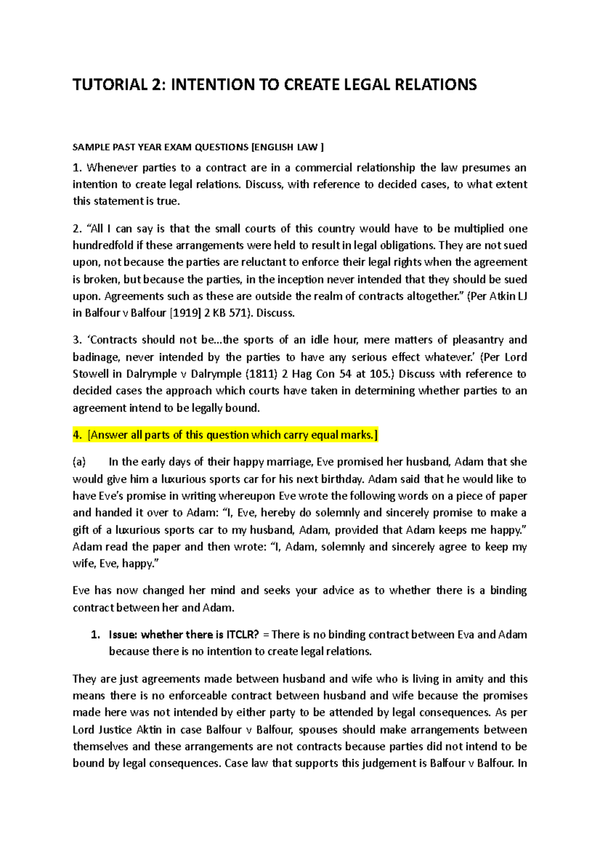 Contract Tutorial 2 - TUTORIAL 2: INTENTION TO CREATE LEGAL RELATIONS ...