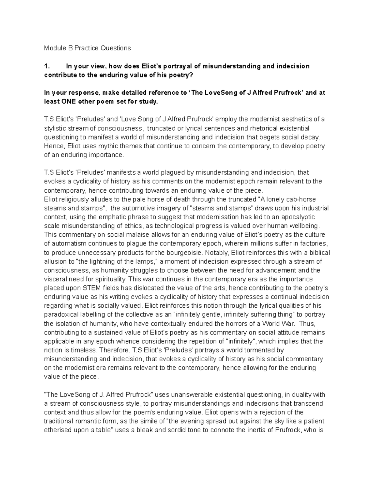 T.S Eliot Practice Essays - Module B Practice Questions In your view ...