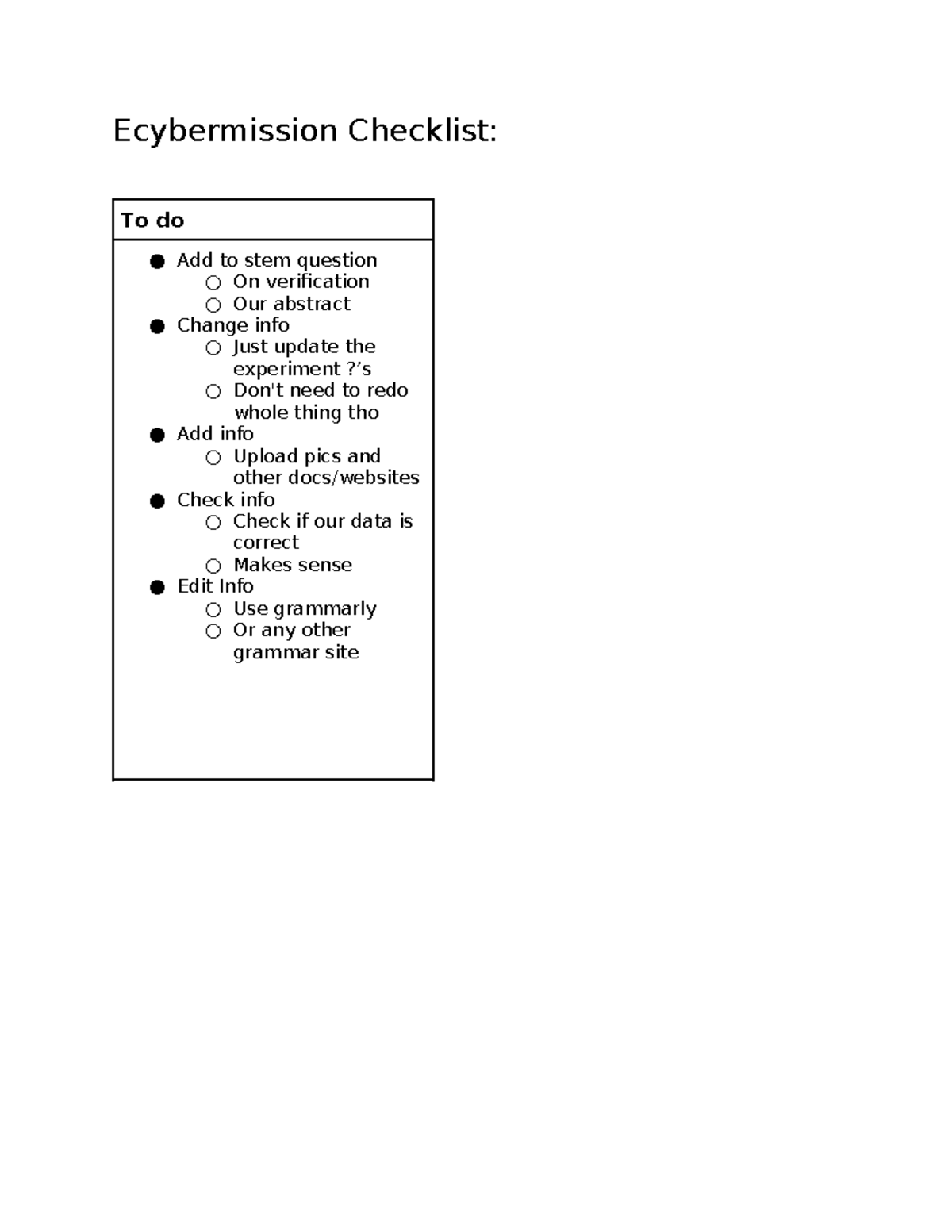 Checklist - notes - Ecybermission Checklist: To do Add to stem question ...