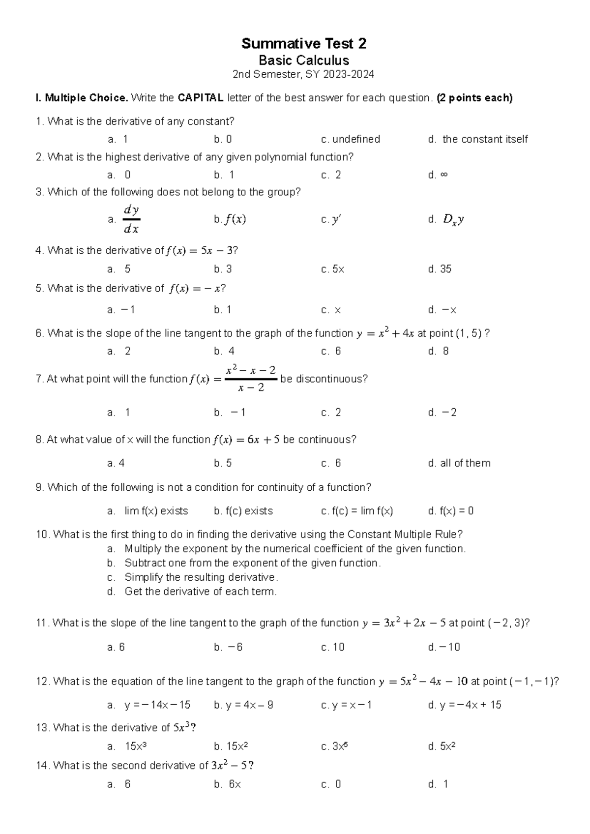 Summative Test on Derivatives - Summative Test 2 Basic Calculus 2nd ...