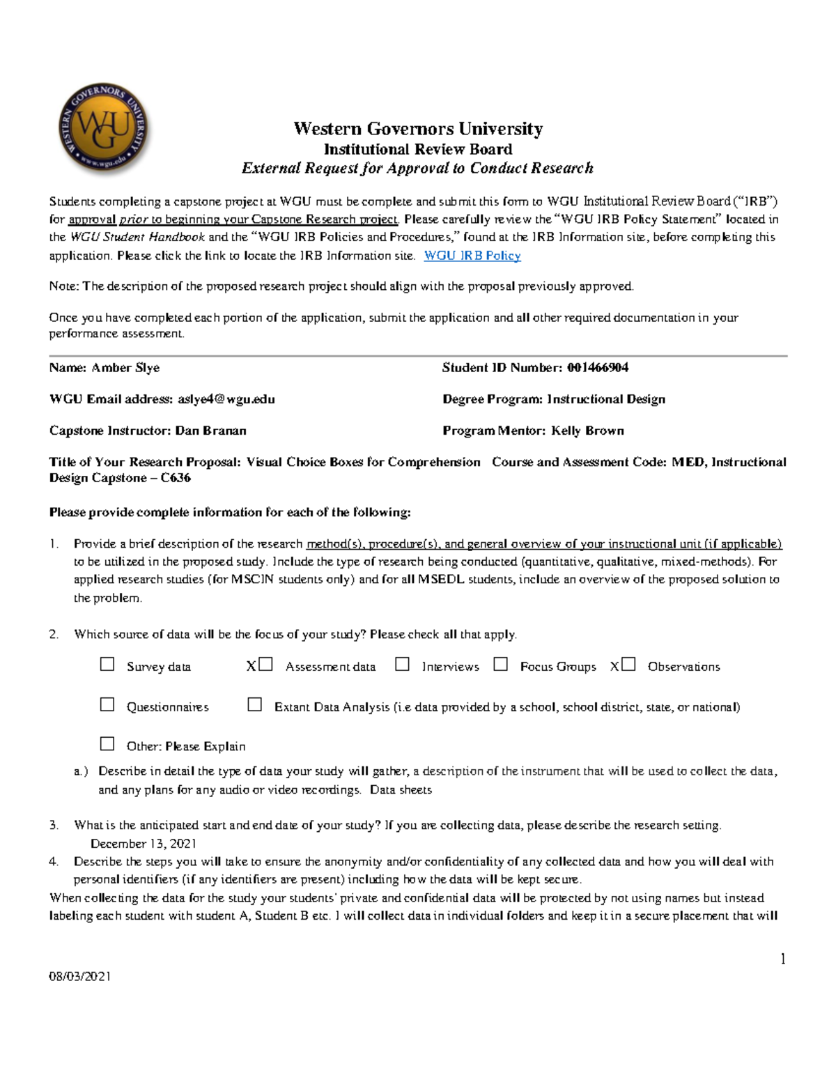 WGU Request for Approval to Conduct Research 08.25.2021 SLYE - 1 08 /03 ...