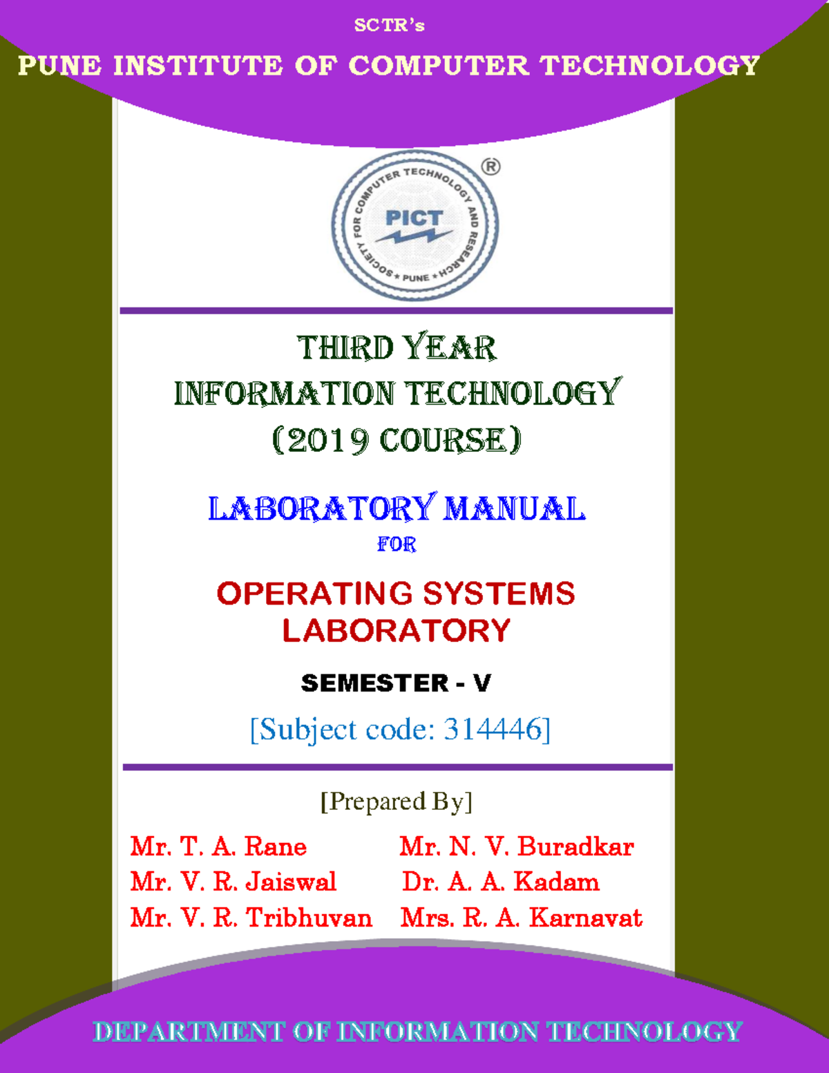 osl lab manual for reference - PICT, TE IT Operating Systems Laboratory THIRD YEAR Information ...
