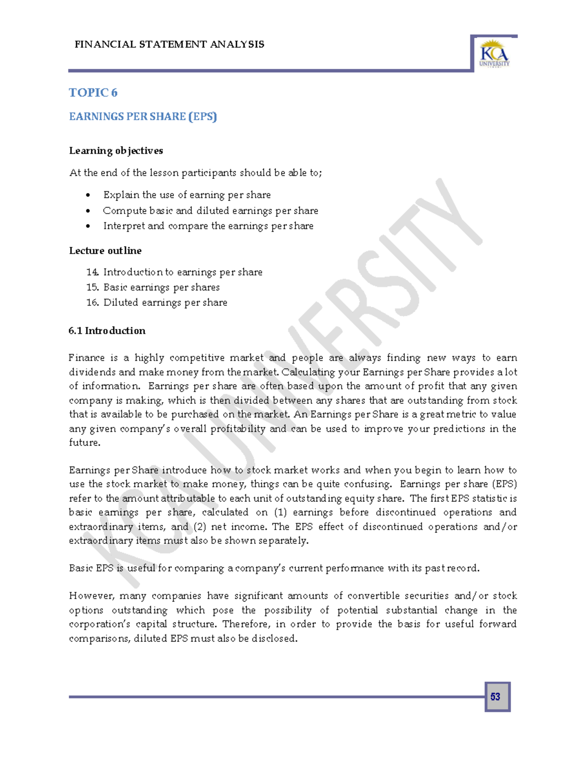 Lesson 6.pdf FSA - Financial statements analysis - TOPIC 6 EARNINGS PER ...