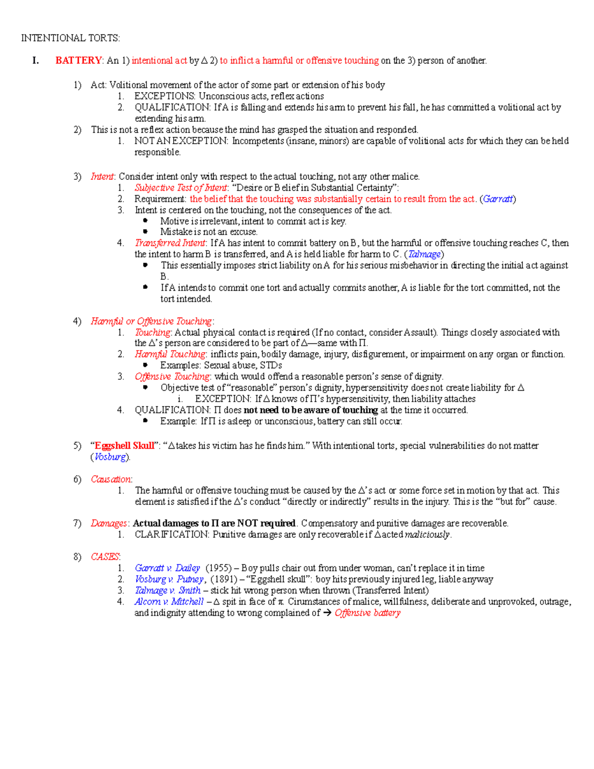 Torts Official Final Outline - INTENTIONAL TORTS: I. BATTERY: An 1 ...
