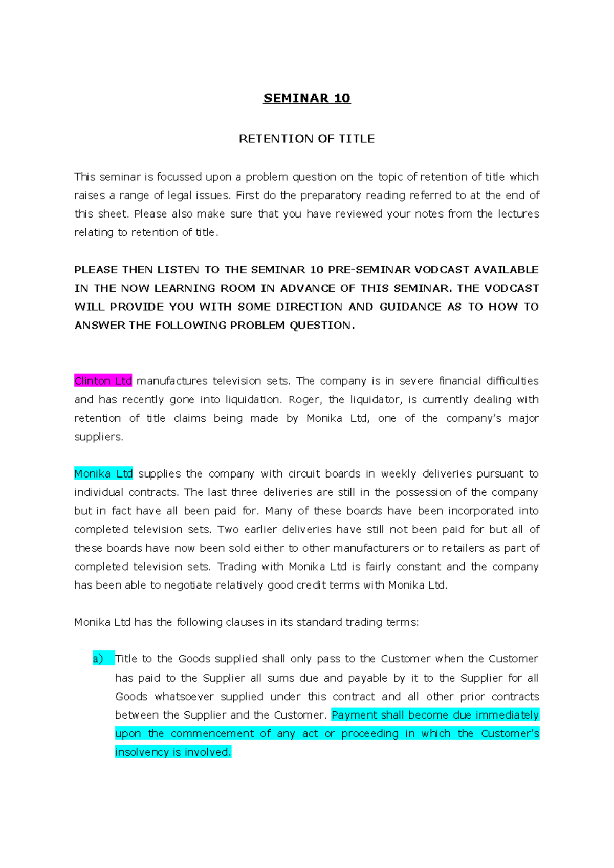 Seminar 10 - Retention of Title - SEMINAR 10 RETENTION OF TITLE This ...