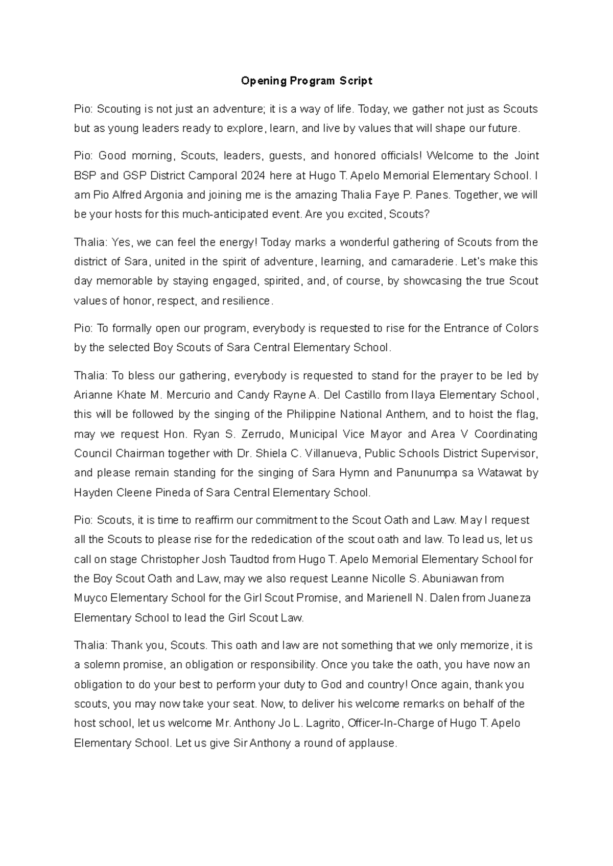 District BSP GSP Hosting Script - Opening Program Script Pio: Scouting ...