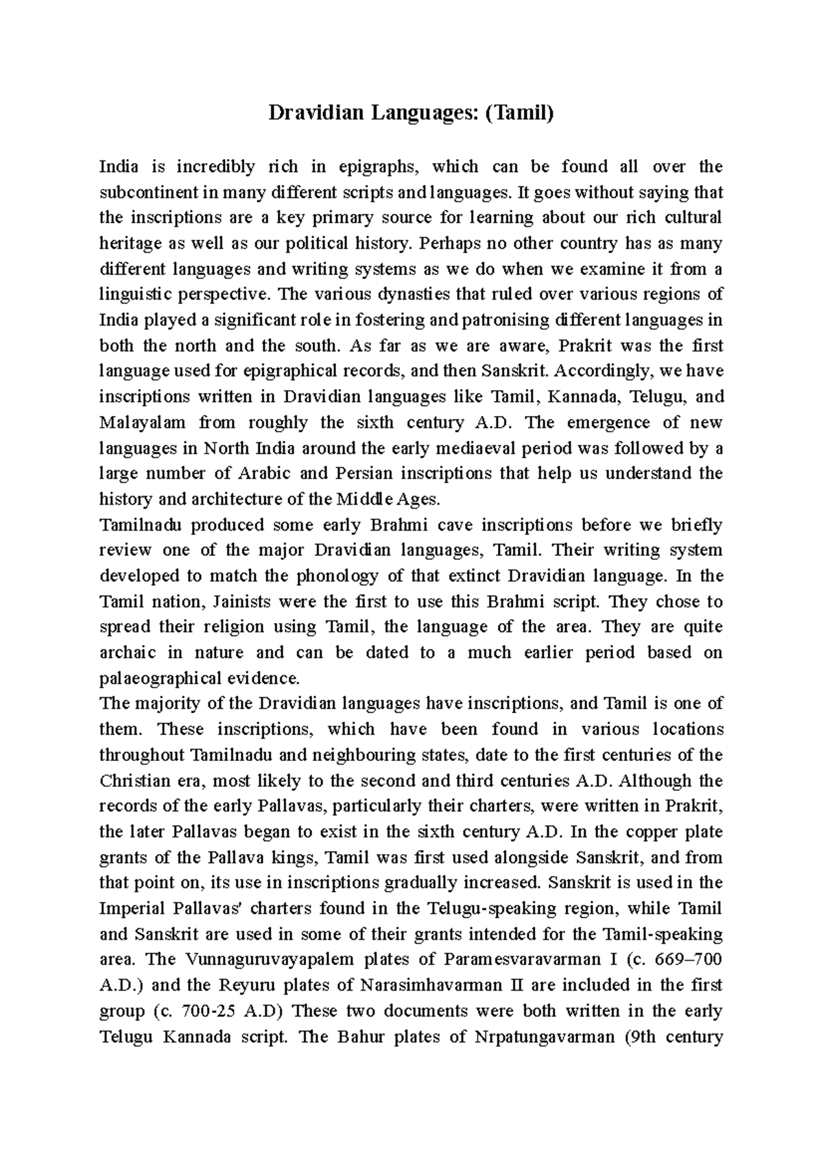 Dravidian Languages- (Tamil) - Dravidian Languages: (Tamil) India is ...