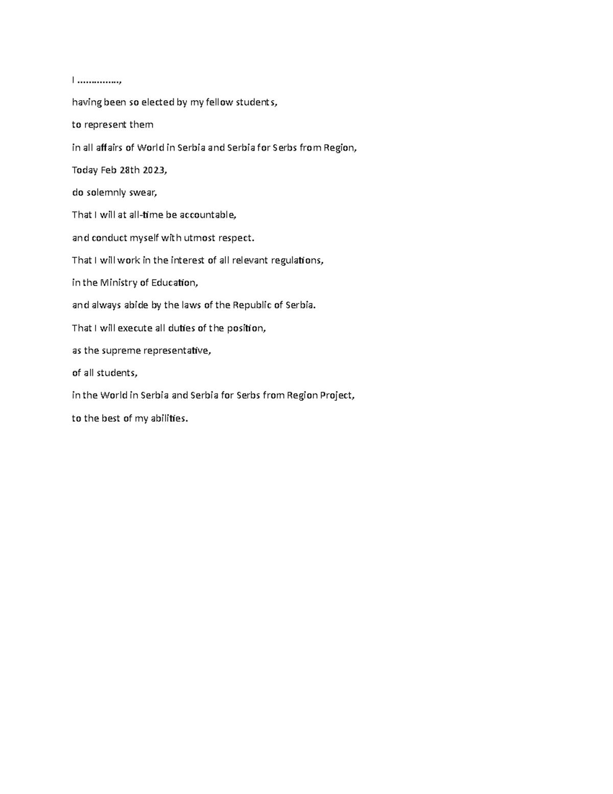 Oath - sample MC script - I ..............., having been so elected by ...