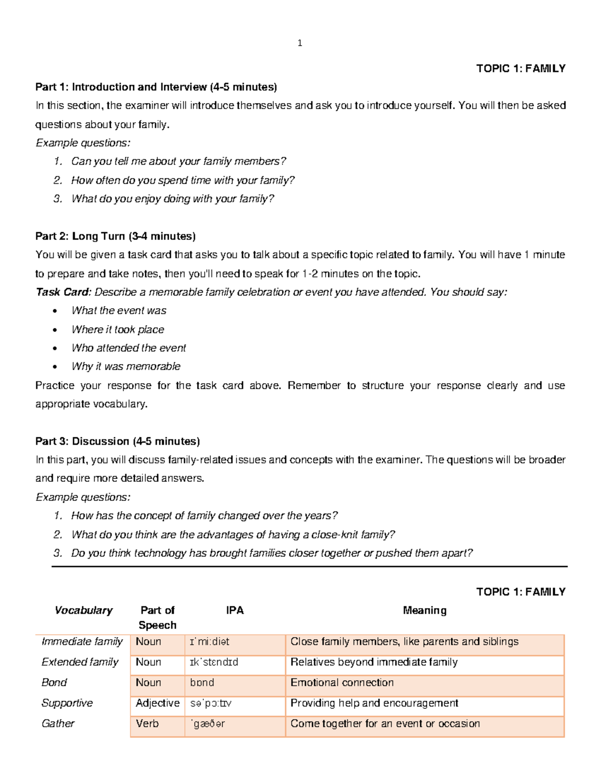 Topic 1 - 1 TOPIC 1: FAMILY Part 1: Introduction and Interview (4-5 ...
