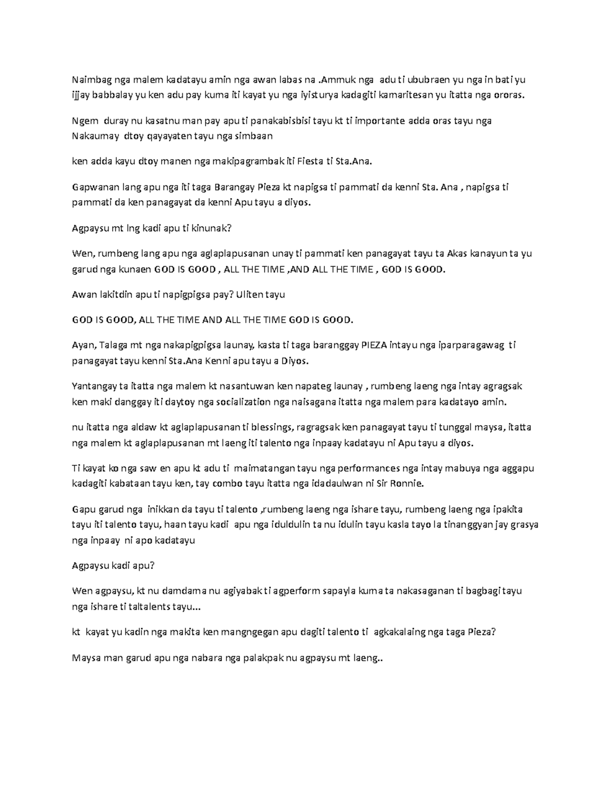 Feast OF STA ANA Script Emcee - Naimbag nga malem kadatayu amin nga ...