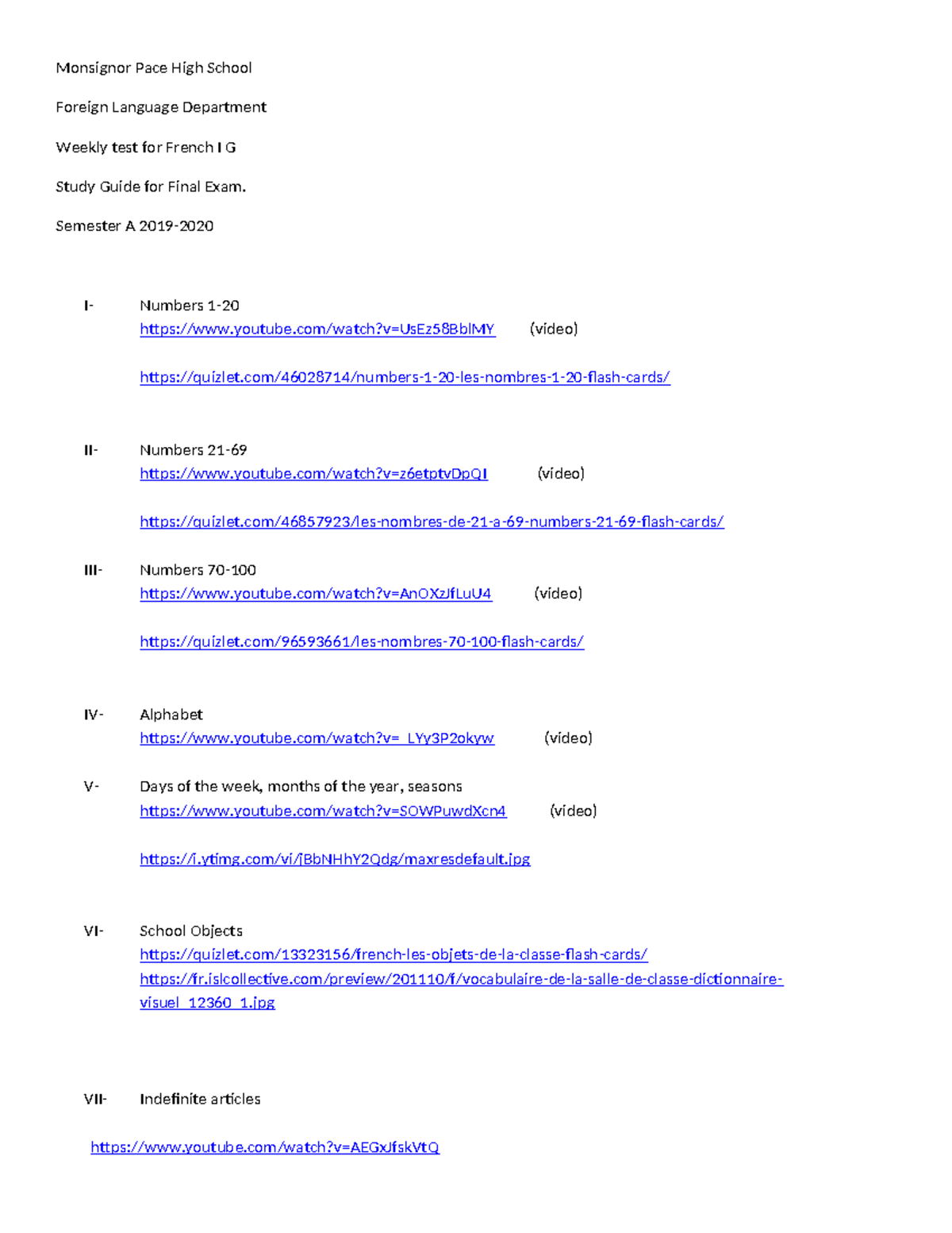 Study Guide. Final Exam. French I G. 2019-2020. Semester A - Monsignor ...