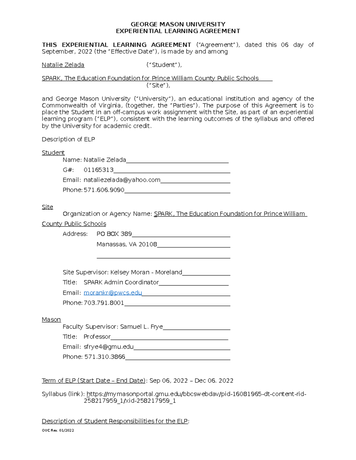 Experiential Learning Agreement - GEORGE MASON UNIVERSITY EXPERIENTIAL ...
