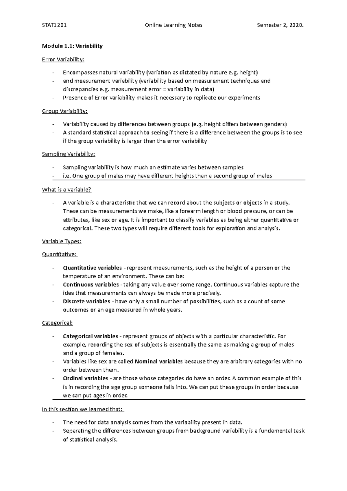 STAT1201 Online Learning Notes - Module 1: Variability Error ...