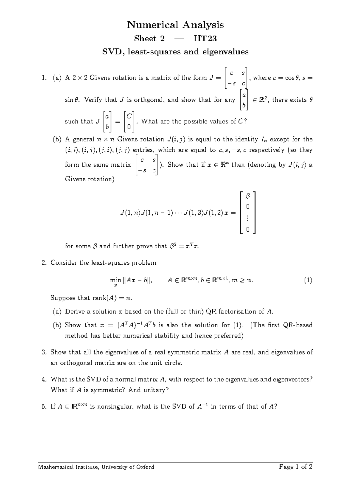 NA sheet 2 - xaaaaaaaa - Numerical Analysis Sheet 2 — HT SVD, least ...