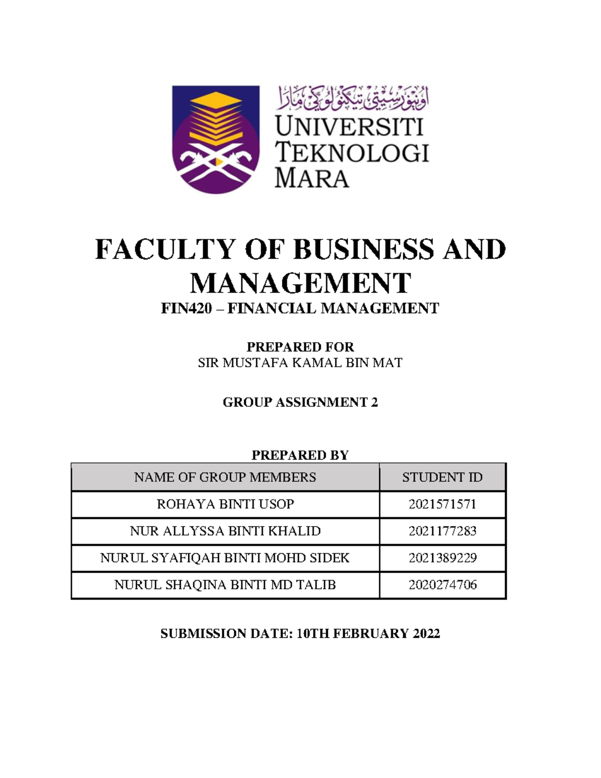 Group 4 FIN420 Group Assignment 2 - FACULTY OF BUSINESS AND MANAGEMENT FIN420 – FINANCIAL ...