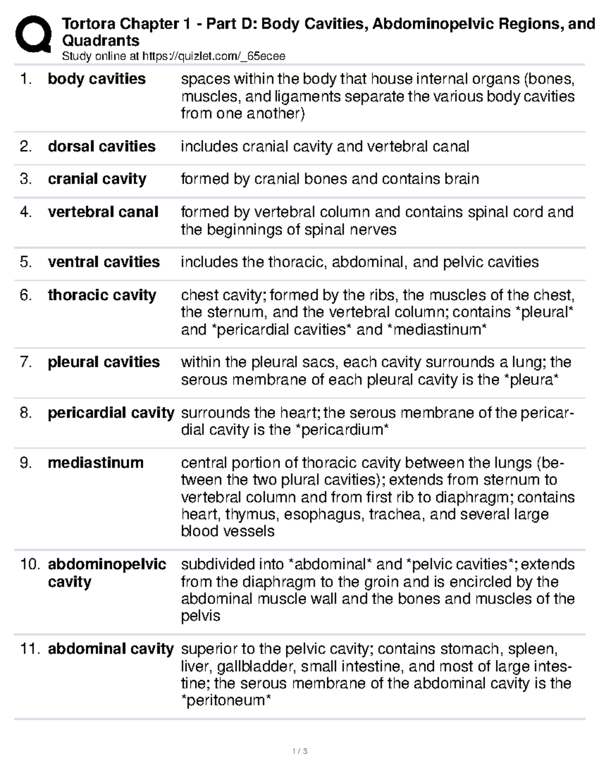 Tortora Chapter 1 - Part D Body Cavities, Abdominopelvic Regions, and ...