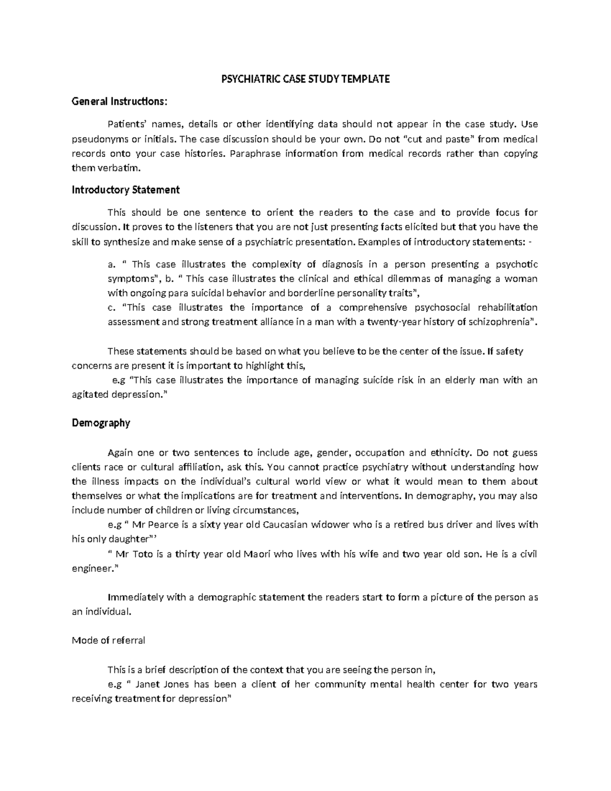 Psychiatric CASE Study Template - PSYCHIATRIC CASE STUDY TEMPLATE ...