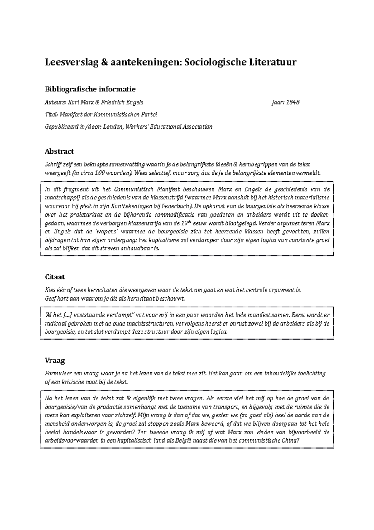 Leesverslag 1 - Marx - Leesverslag aantekeningen: Sociologische ...