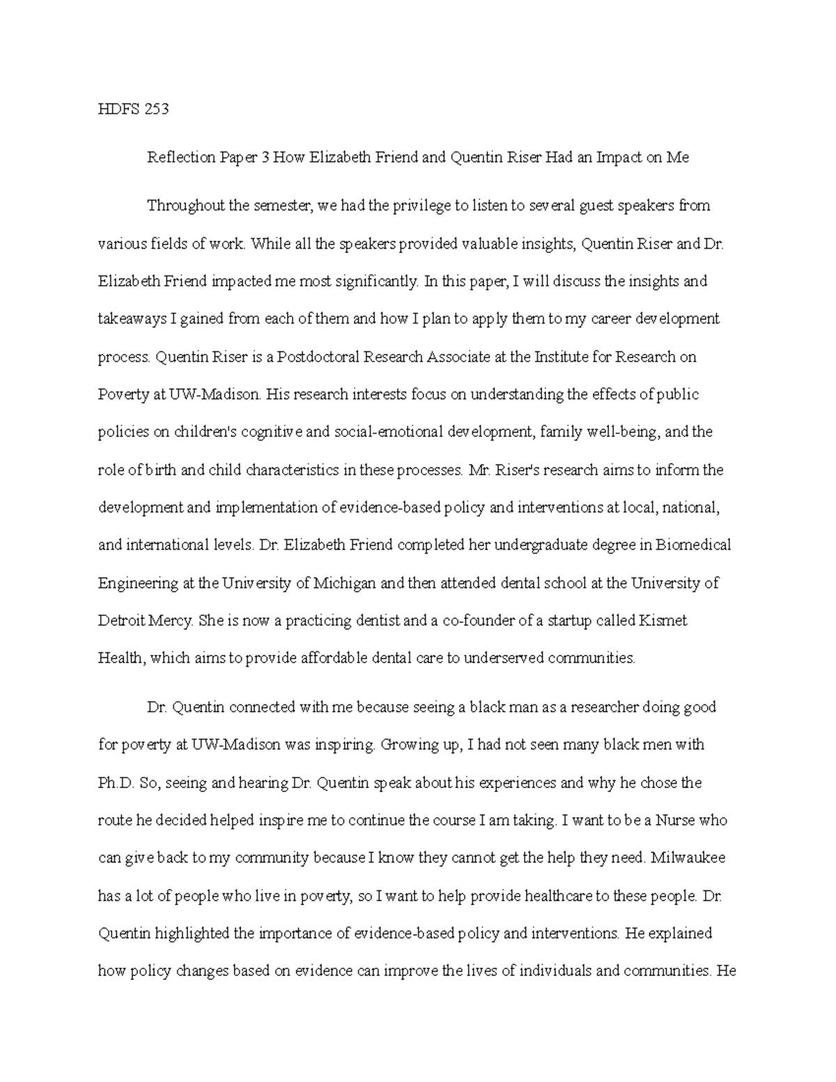 HDFS Reflection Paper 3 - HDFS 253 Reflection Paper 3 How Elizabeth ...