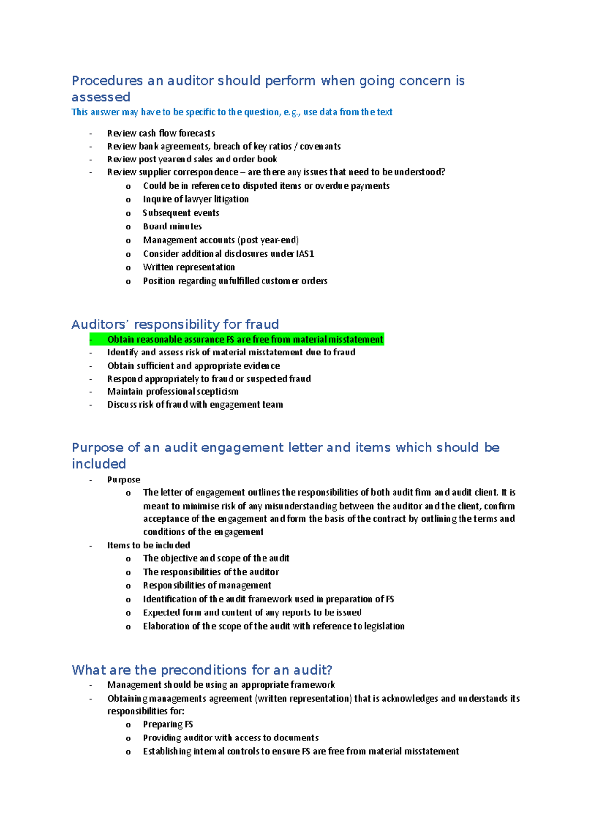 Audit - Section B short answer notes - Procedures an auditor should ...