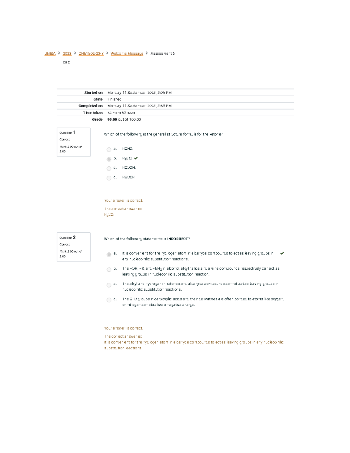 Assessment 6 Attempt review - UNISA 2023 CHE1502-23-Y Welcome Message Assessment 6 Question ...
