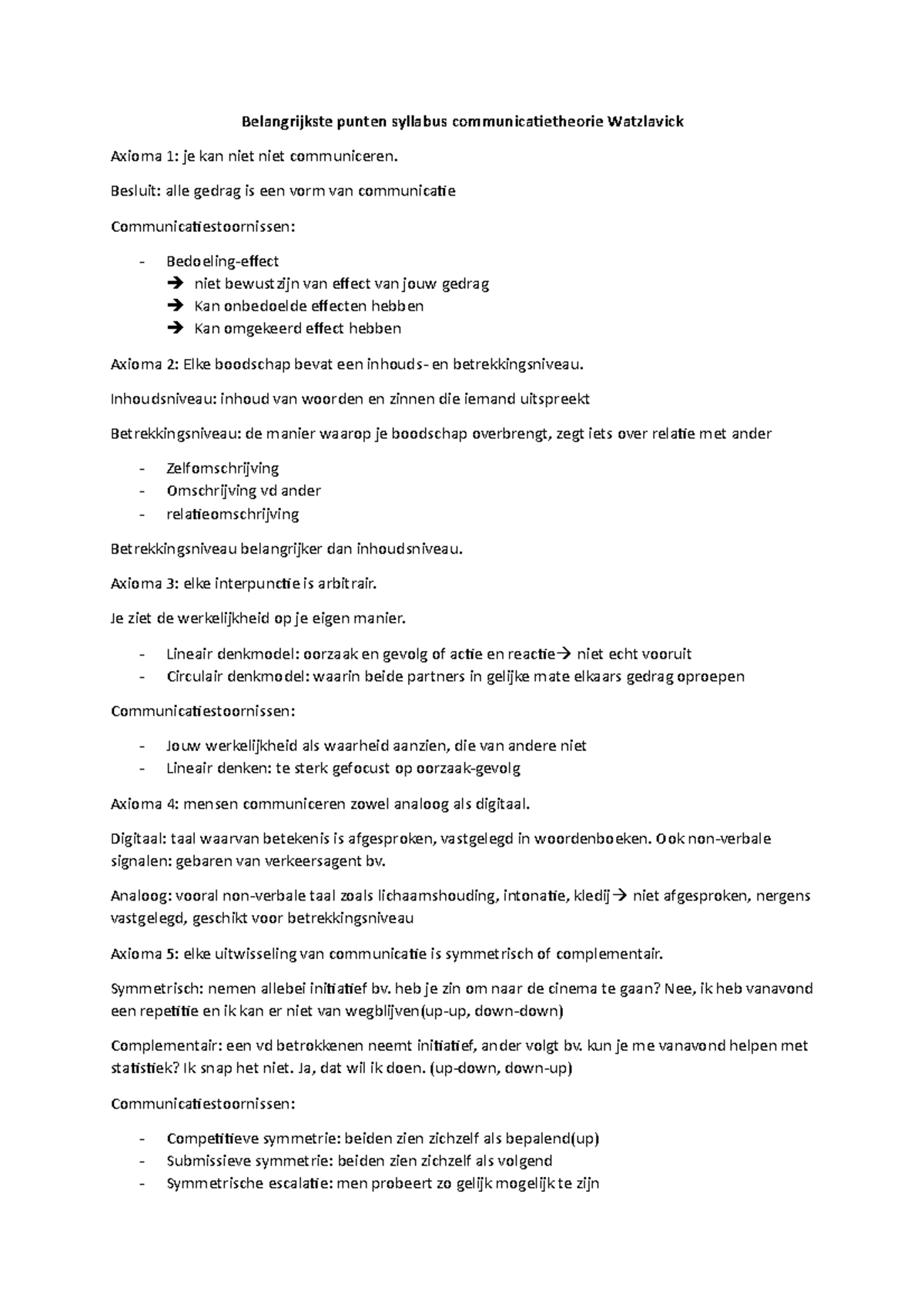 Belangrijkste punten syllabus communicatietheorie Watzlavick - Besluit ...