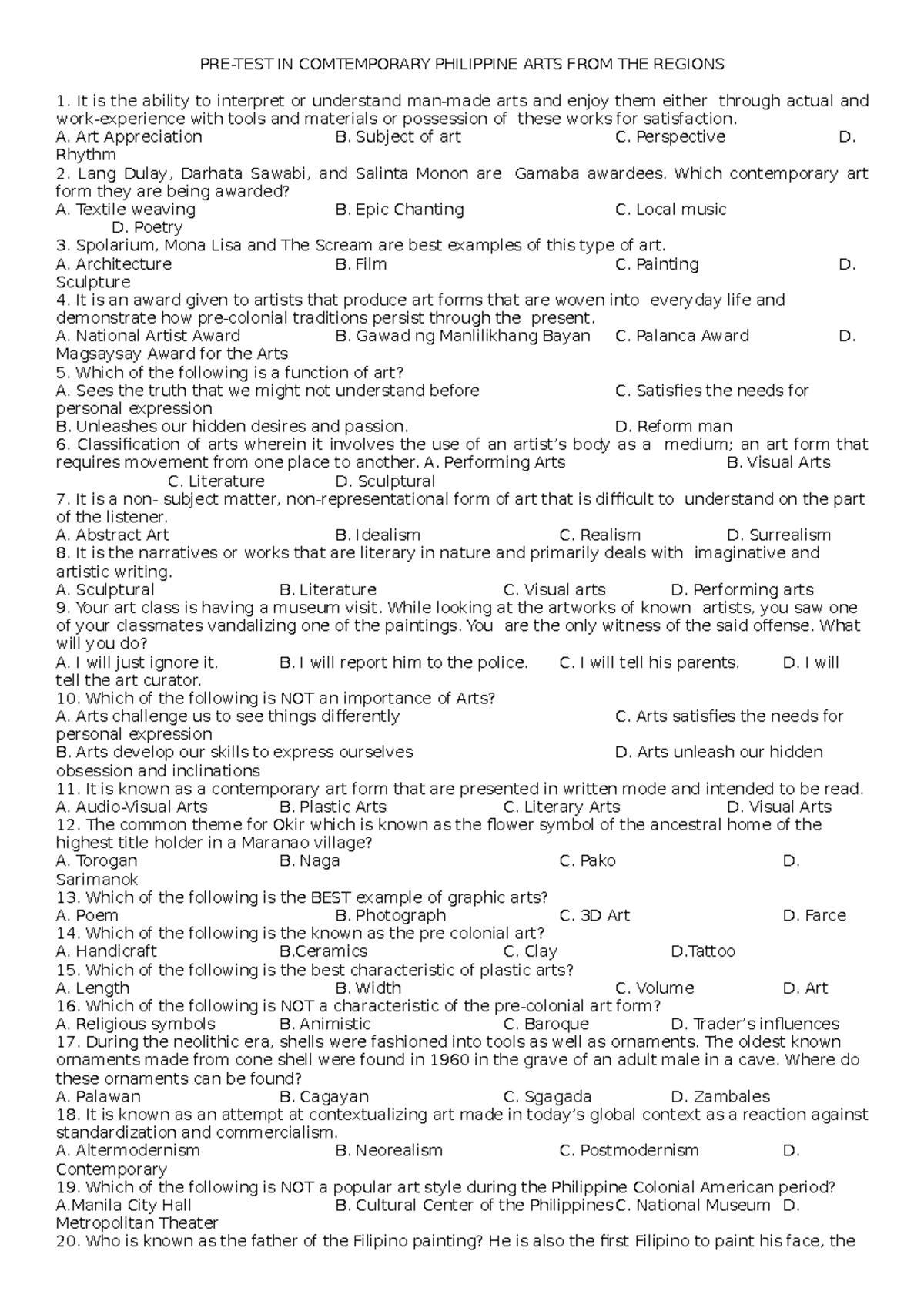 Pre-test Contemorary Arts - PRE-TEST IN COMTEMPORARY PHILIPPINE ARTS ...