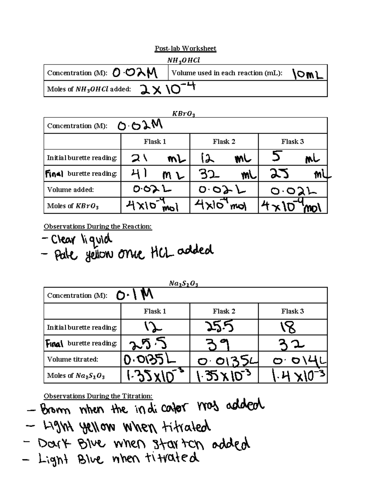 CHM120- Experiment 1 Short Report - Post-lab Worksheet 𝑵𝑯 𝟑 𝑶𝑯𝑪𝒍 ...