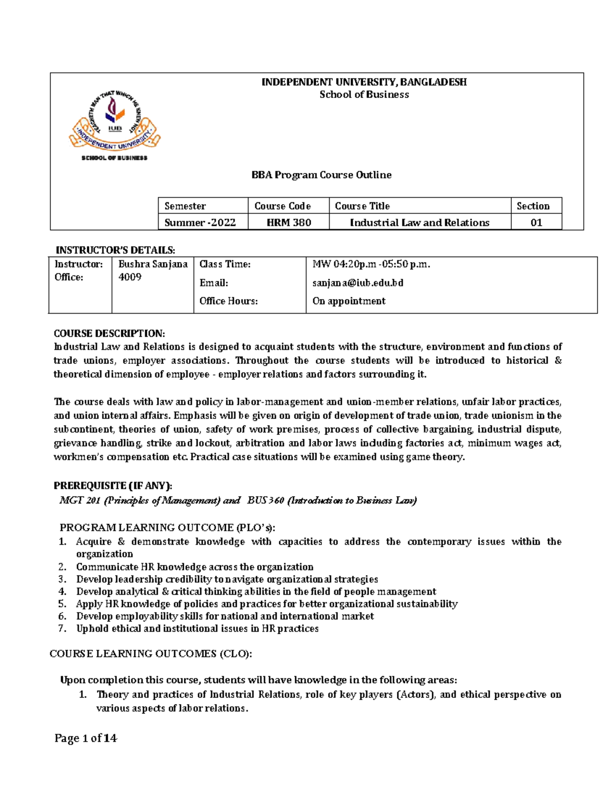 Revised Course Outline BUS 202 - INDEPENDENT UNIVERSITY, BANGLADESH ...