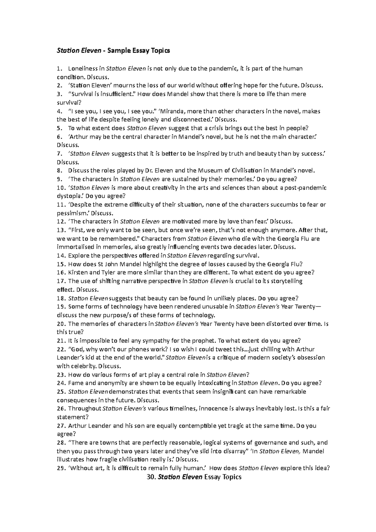 Sectio%20A%20and%20B%20Exam%20Essay%20Topics - Station Eleven - Sample ...