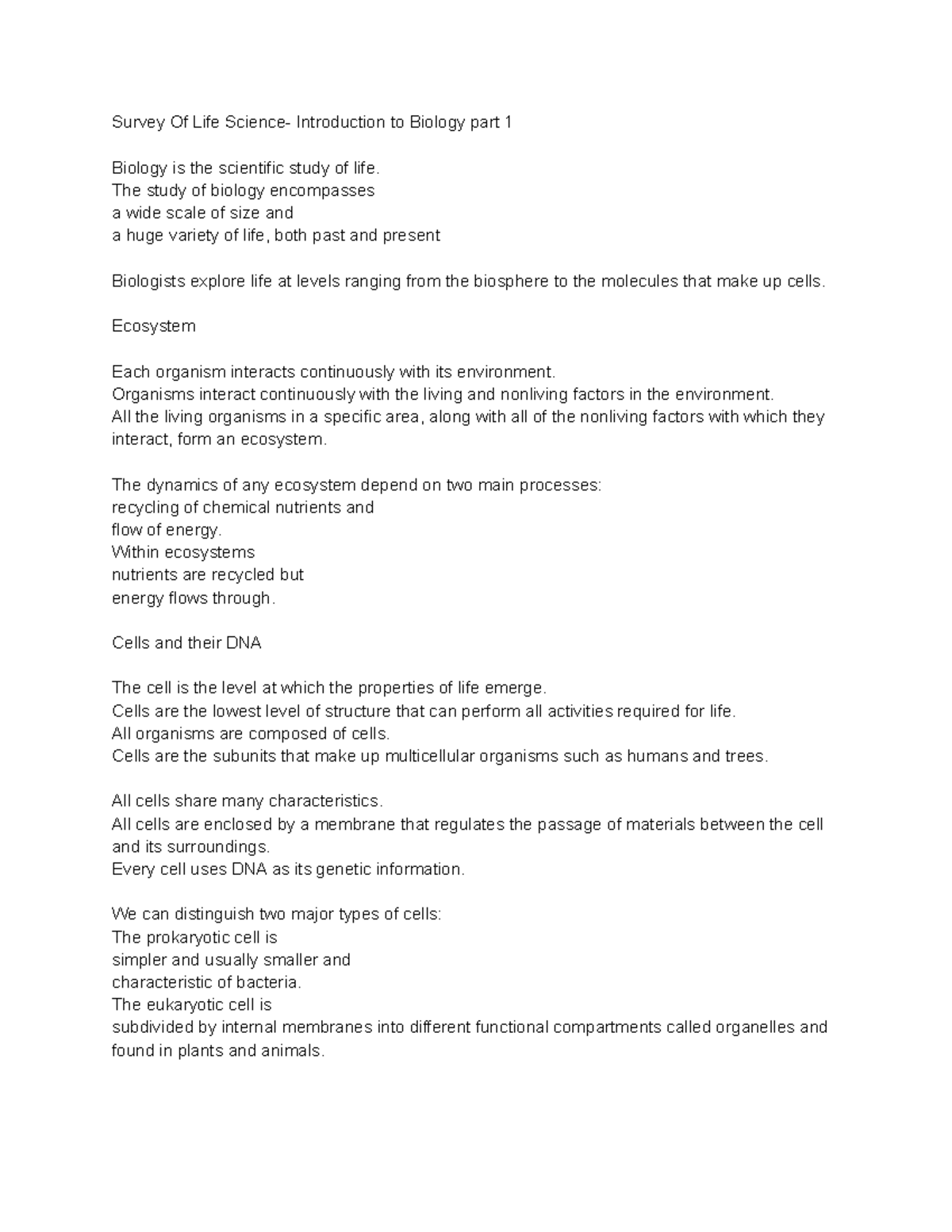 Survey Of Life Science- Introduction to Biology part 1 - The study of ...